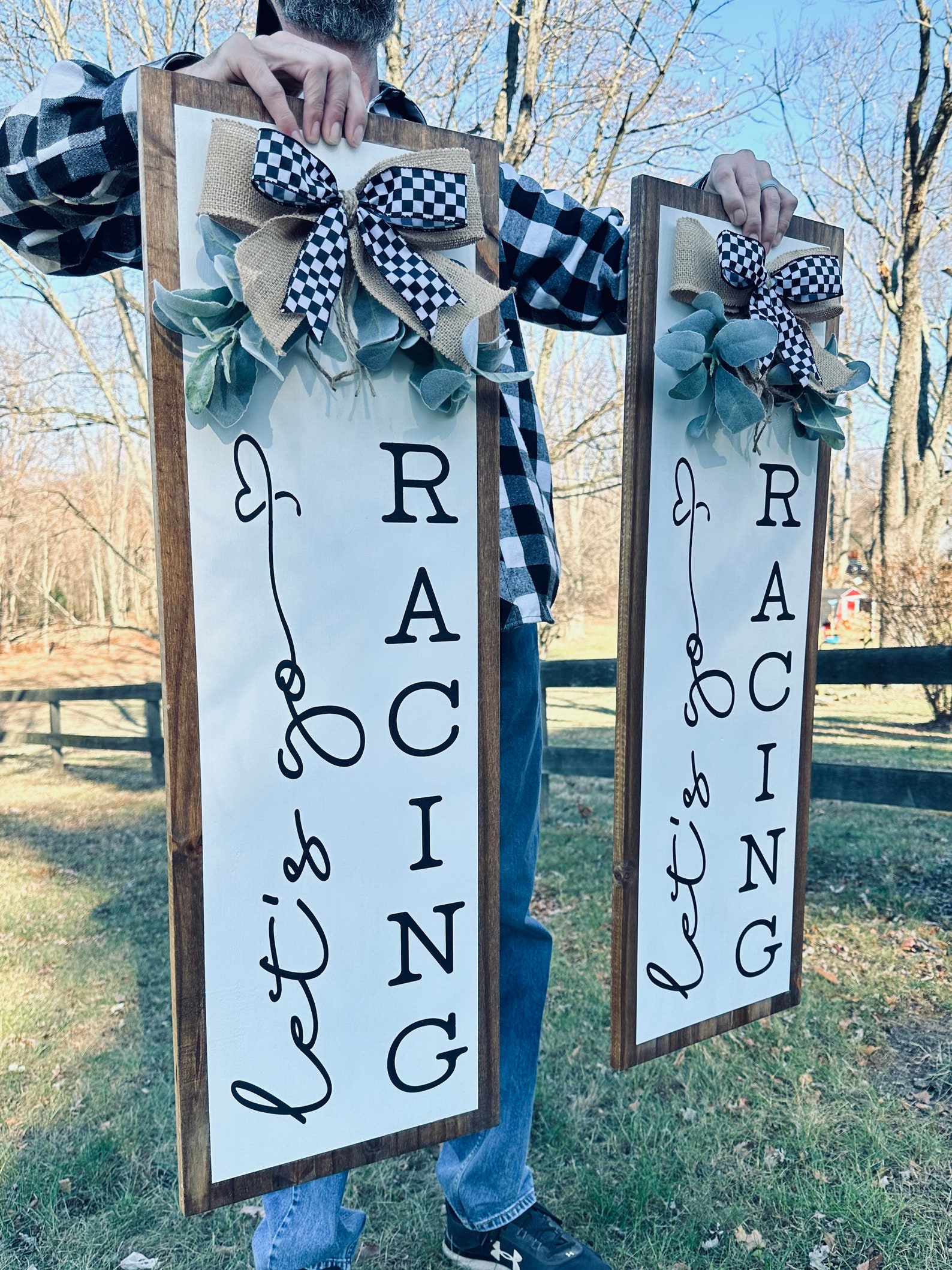 Lets Go Racing Sign With Checkered Flag Bow Racing Decor - Etsy