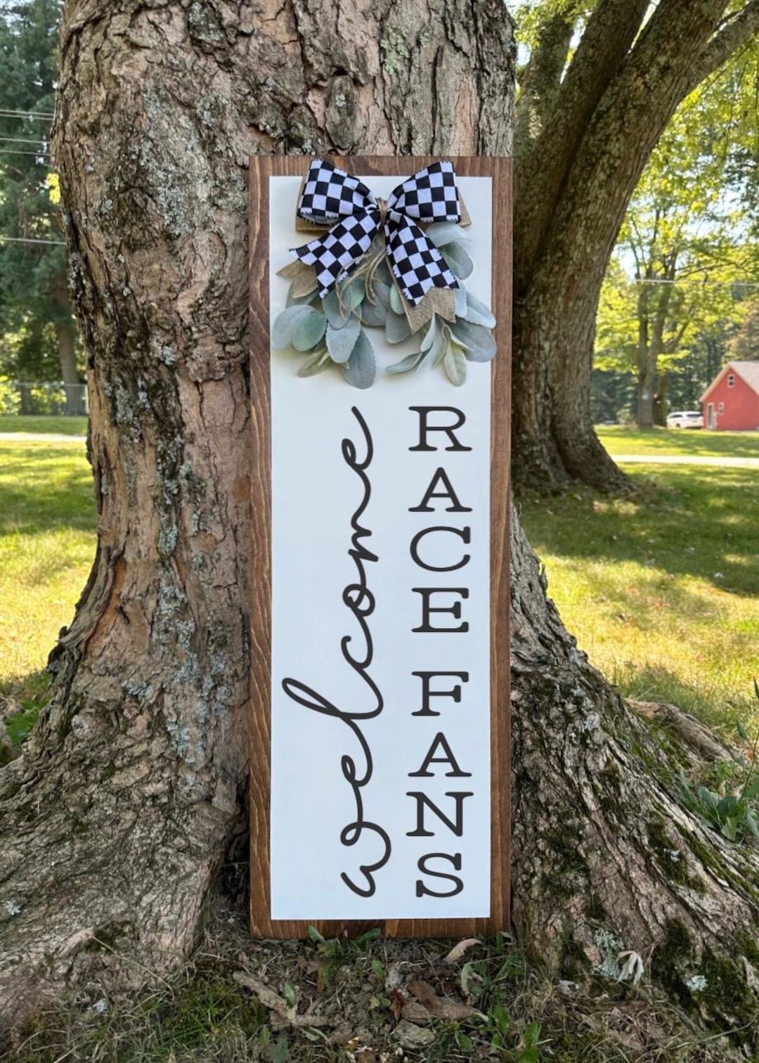 Welcome Race Fans Sign With Checkered Flag Bow | Motorsports Decor ...