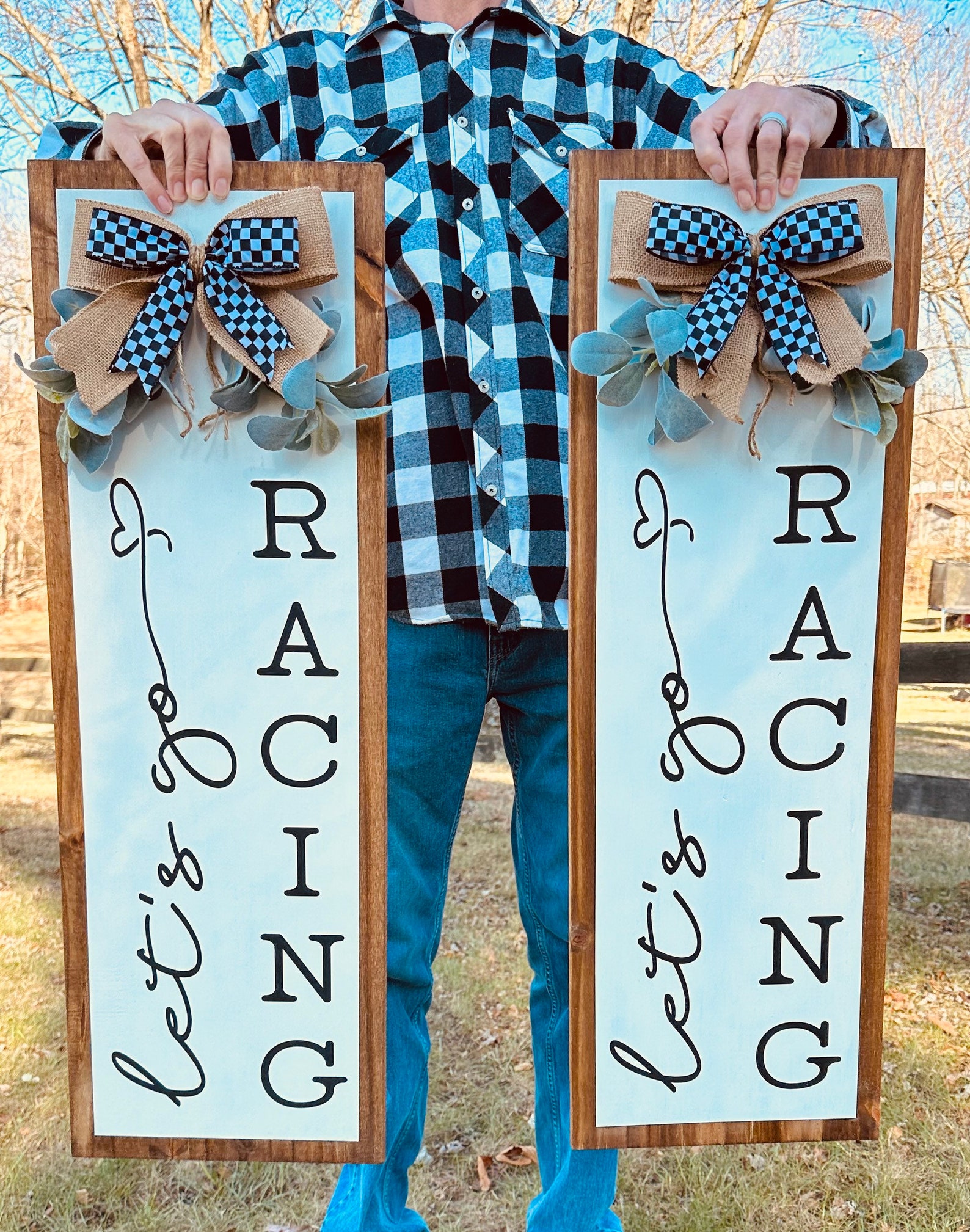 Lets Go Racing Sign With Checkered Flag Bow Racing Decor - Etsy