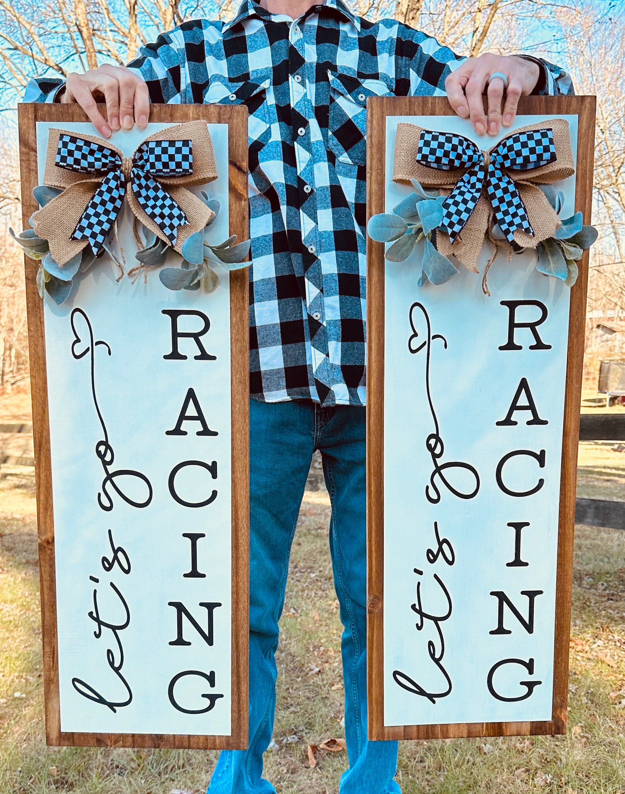 Lets Go Racing Sign With Checkered Flag Bow Racing Decor - Etsy