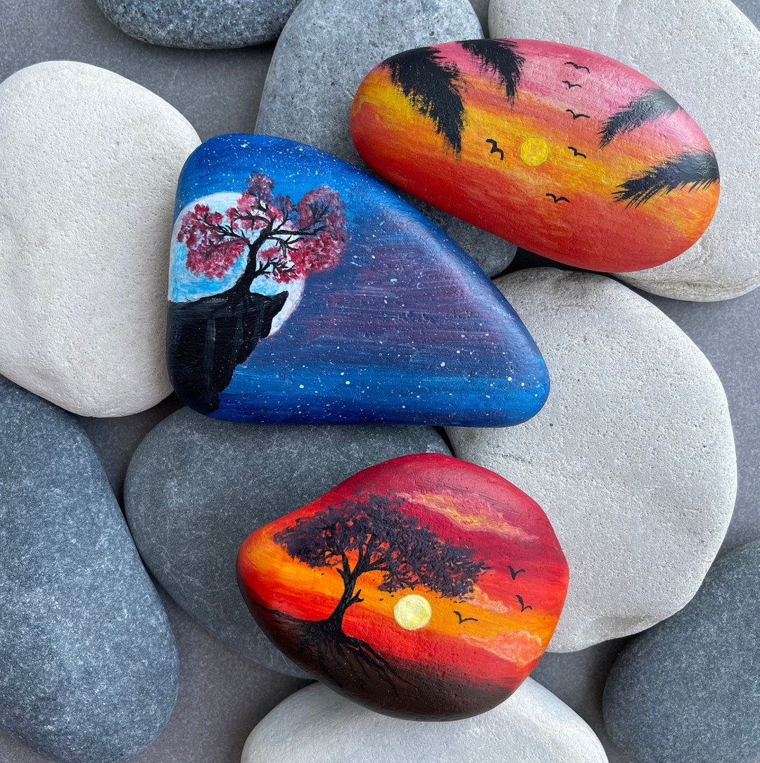 Painted Sea Stone: Acrylic Sunset Landscape Rock Art - Etsy