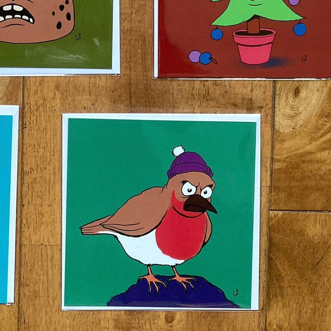 Grumpy Robin - Fun Festive Christmas Cartoon Greeting Card - Etsy