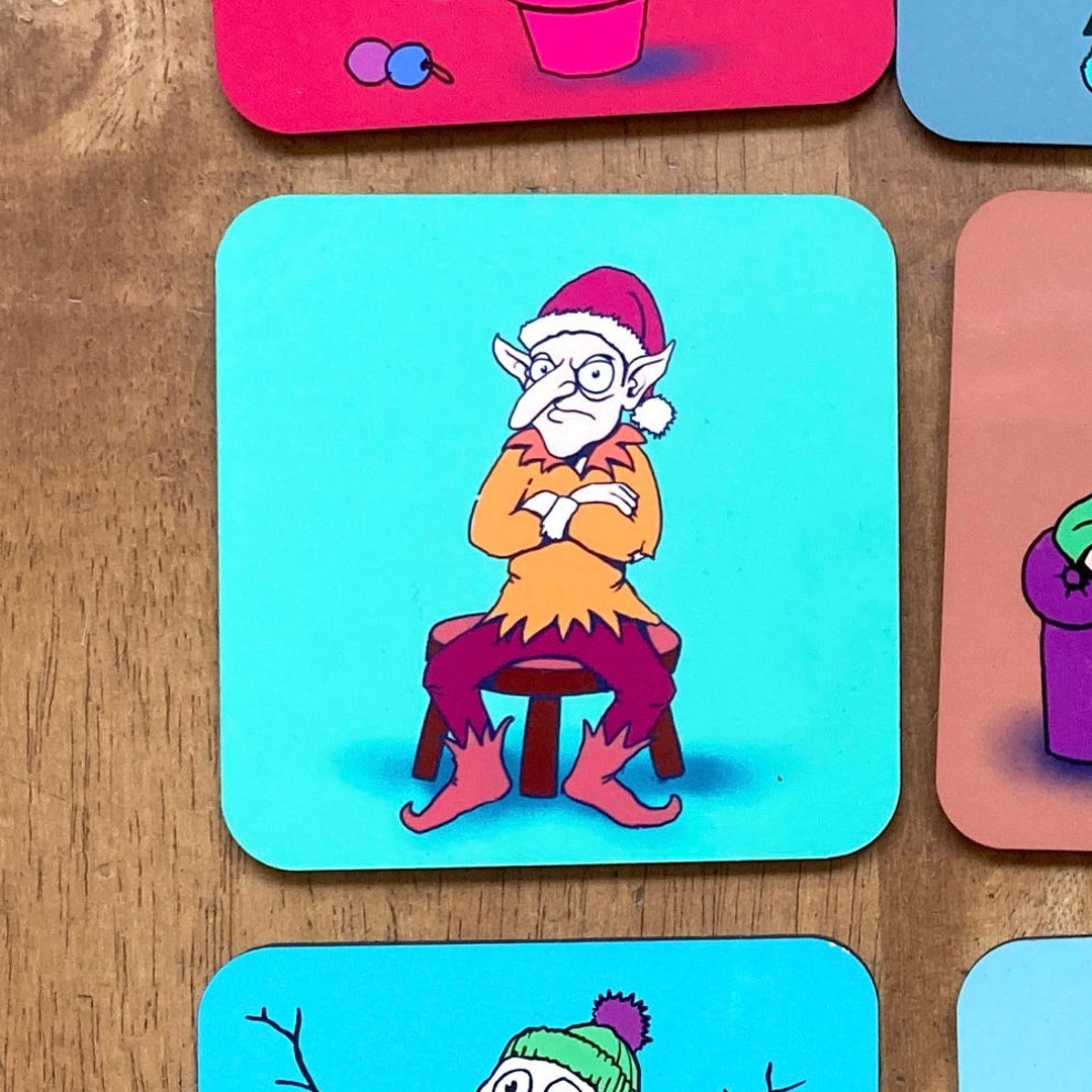 Grumpy Elf Fun Festive Cartoon Coaster, Printed High Quality With Cork ...