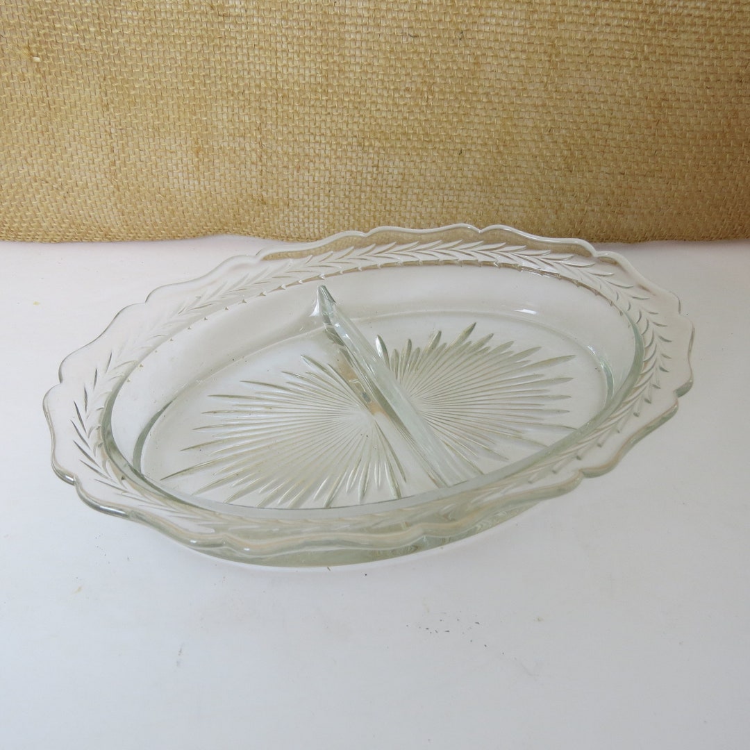 Vintage Oval Shaped Clear Glass Partitioned Serving Dish, Cut Glass ...