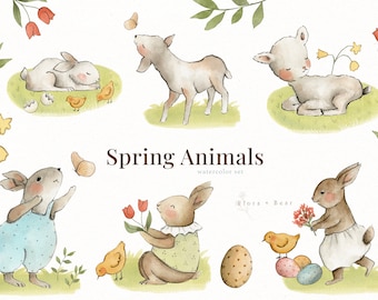 Spring Animals Clipart Set With Bunnies, Lamb, Sheep, and Chick ...