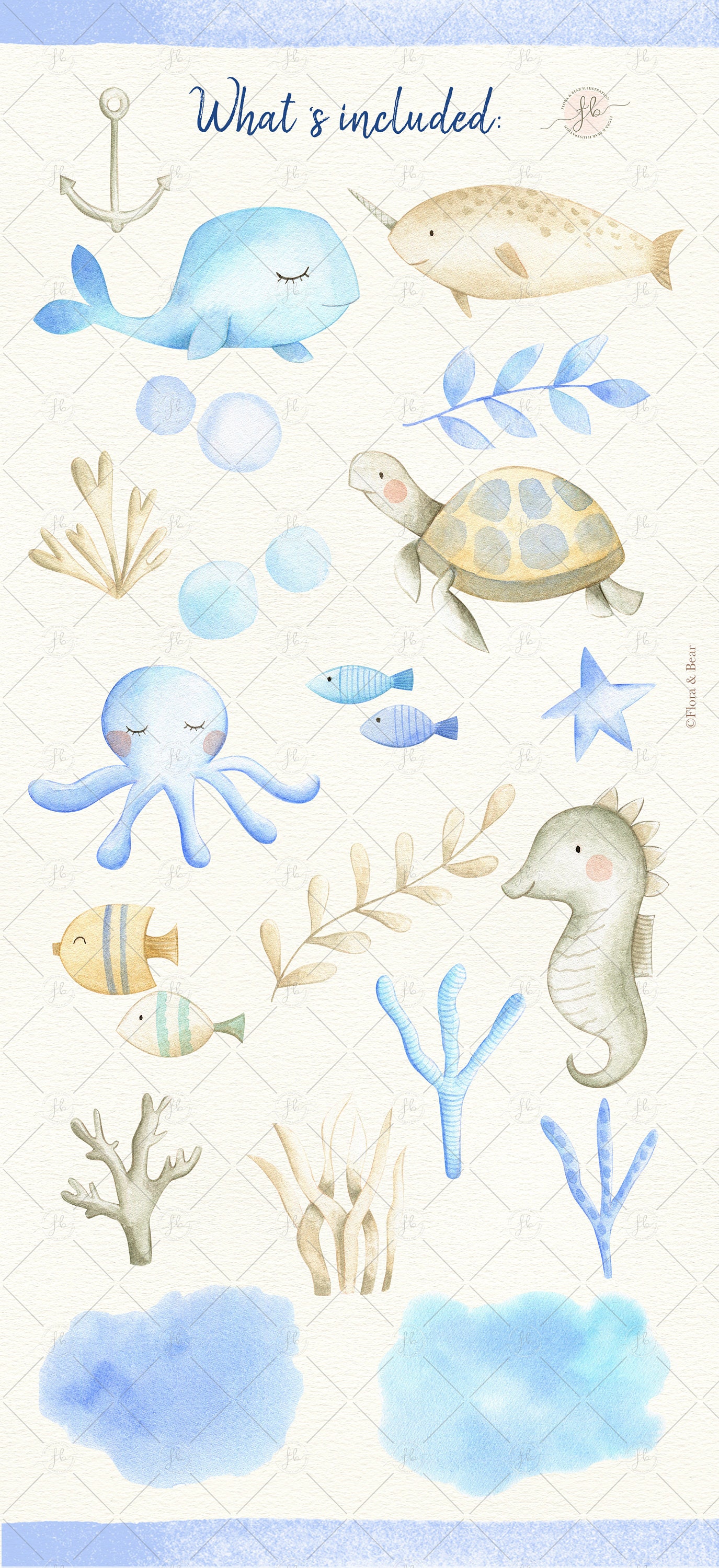 Sea Animals Watercolor Clipart Digital Download Whale Fish | Etsy