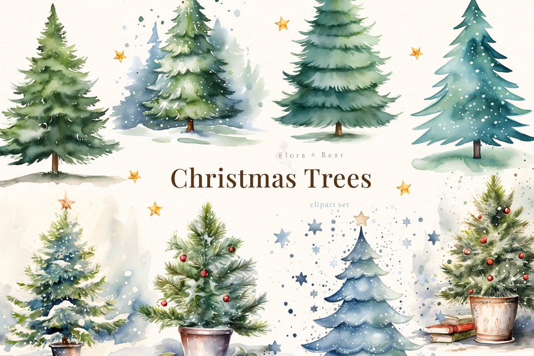 Christmas Trees Watercolor Clipart , Winter Pine - Etsy