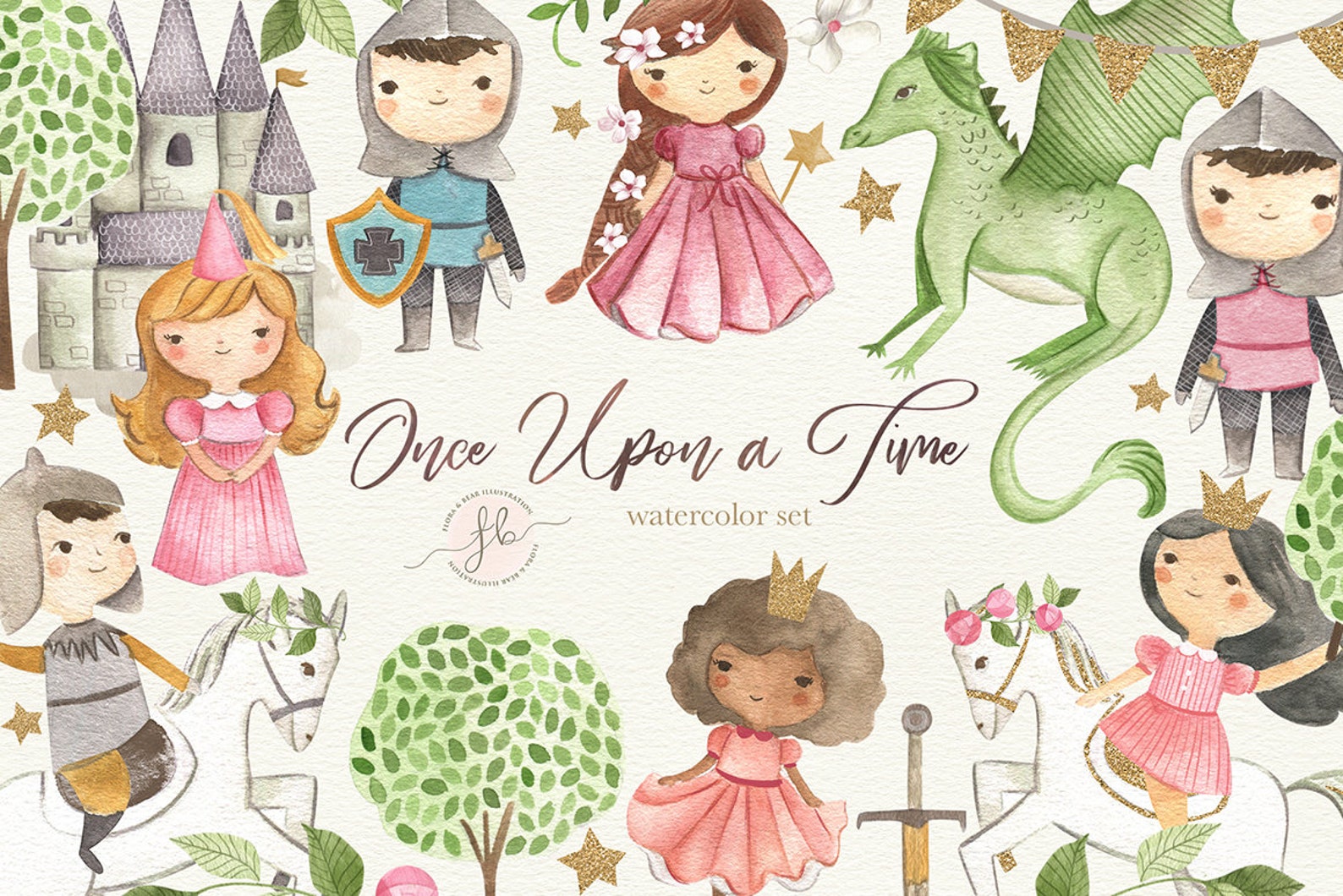 Princess and Knight Watercolor Clipart Fairy Tale Digital Download ...
