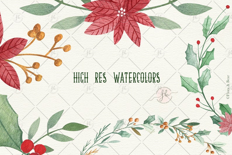 Winter Wreaths Watercolor Clipart Christmas Poinsettia Clipart Digital ...