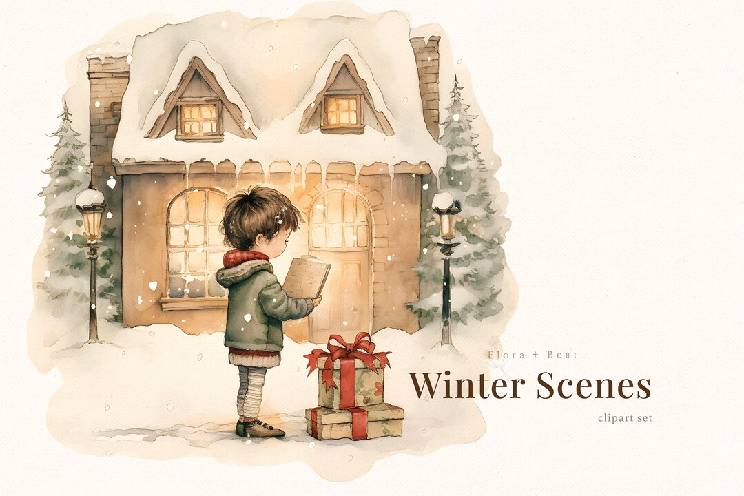 Winter Scenes Watercolor Christmas Clipart - Etsy