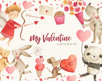 Valentine's Day Watercolor Clipart Woodland Animals - Etsy