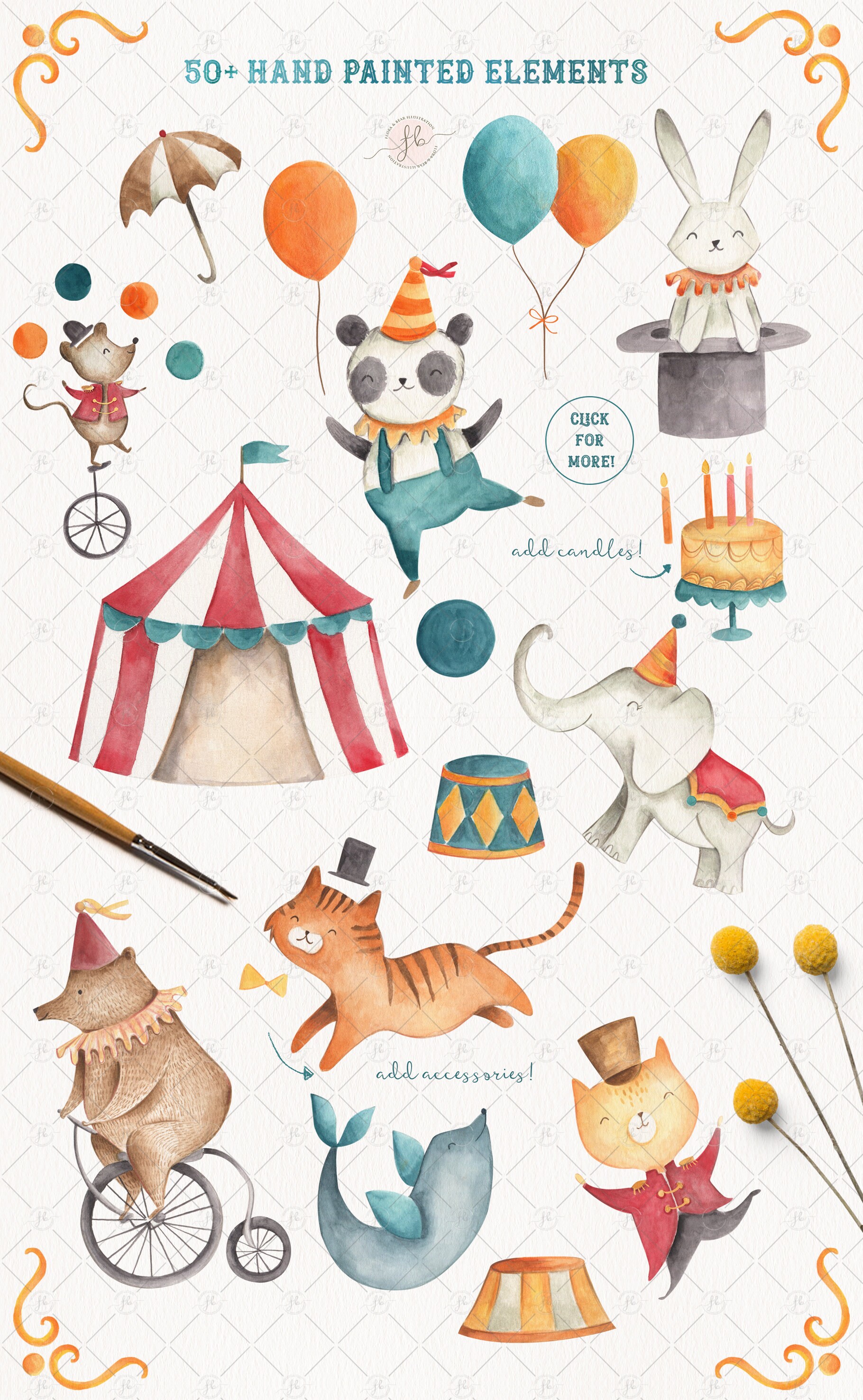 Circus Clipart Watercolor Clipart Circus Invitation Bear Elephant Cat ...
