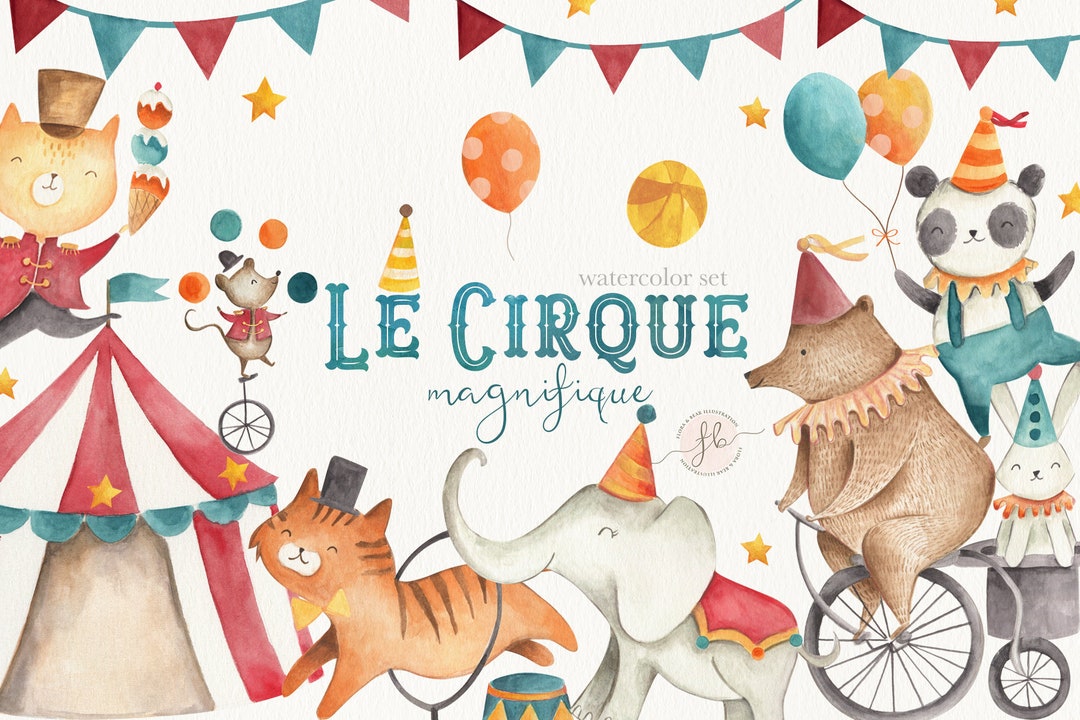 Circus Clipart Watercolor Clipart Circus Invitation Bear Elephant Cat ...