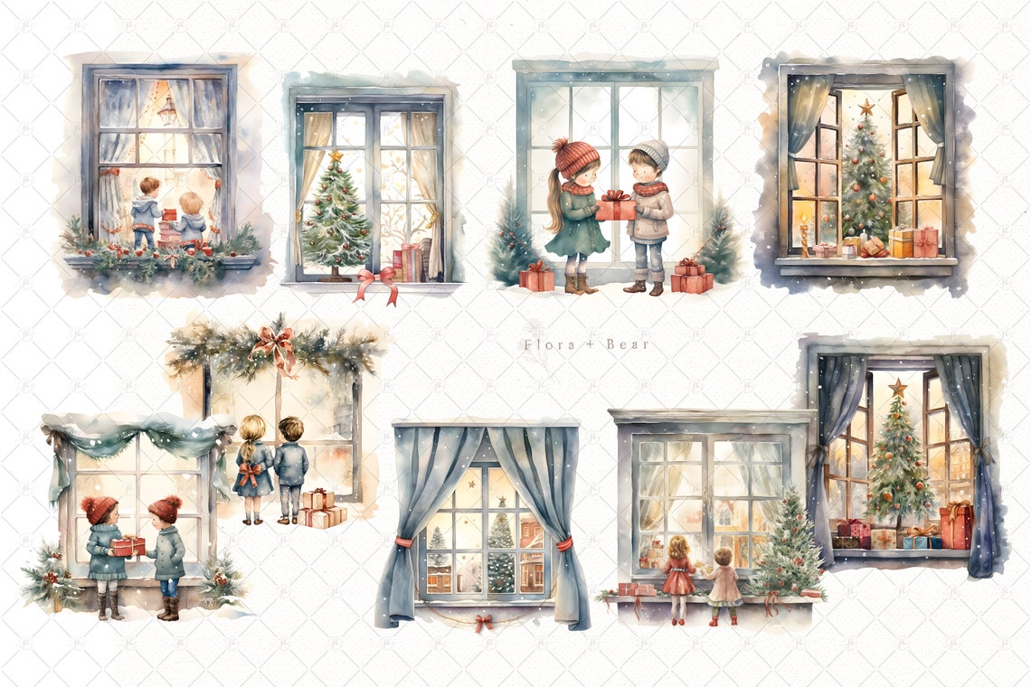 Christmas Windows Watercolor Clipart , Winter Holidays - Etsy