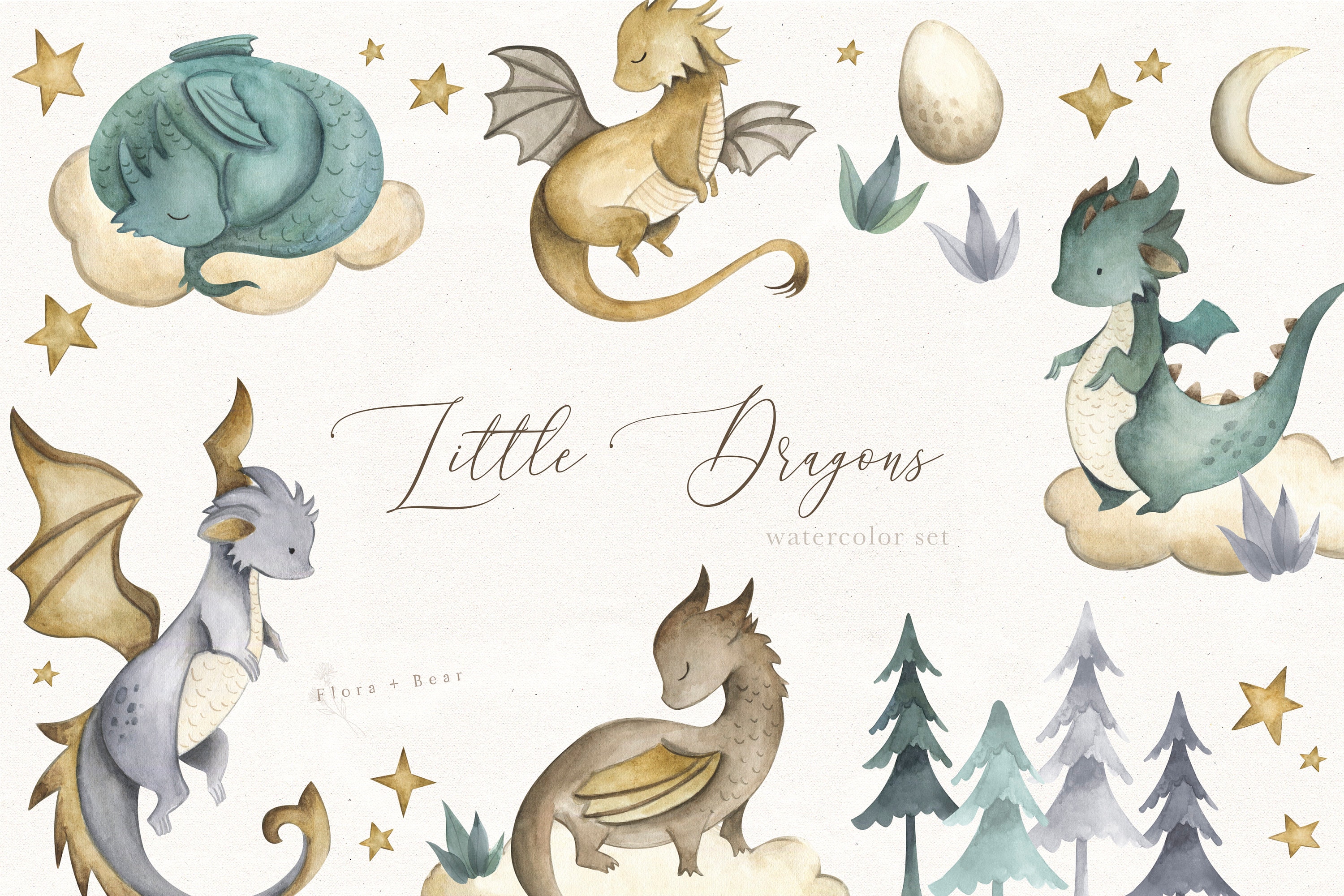 Dragons Watercolor Clipart Set Baby Nursery Illustration | Etsy