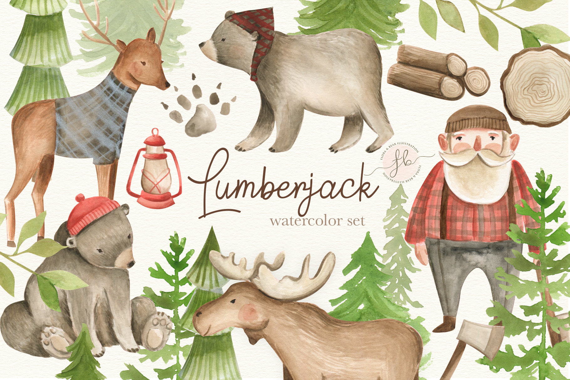Lumberjack Watercolor Clipart Woodland Animals Digital - Etsy