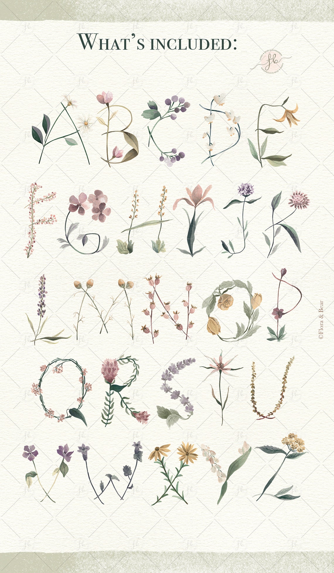 Botanical alphabet letters clipart set | Etsy