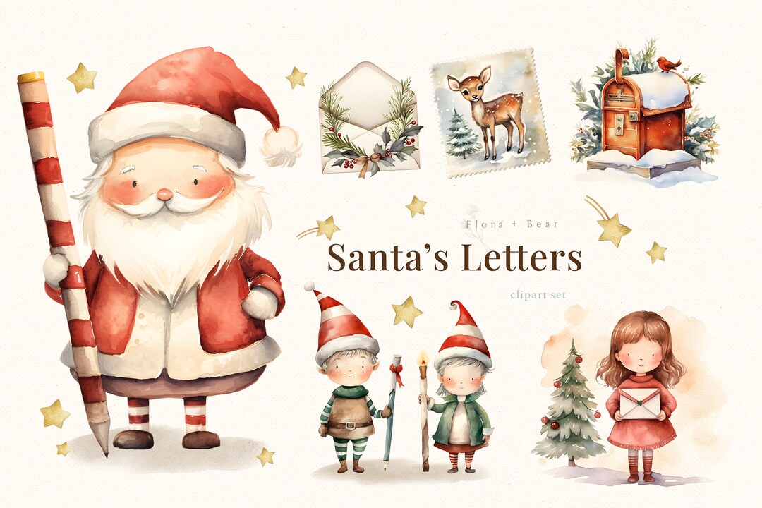 Santa's Letters Christmas Watercolor Clipart - Etsy