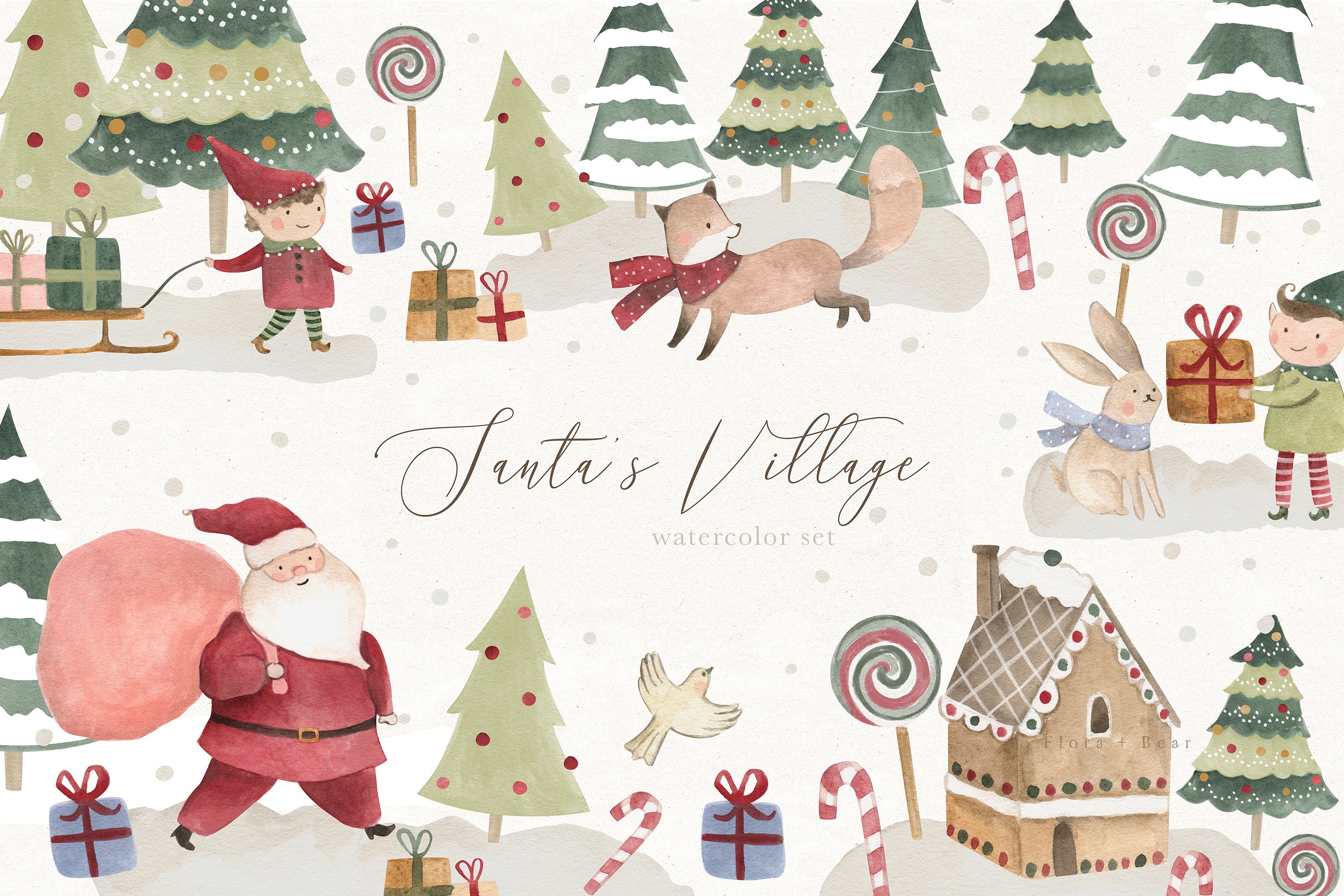 Christmas Watercolor Clipart Santa's Village - Etsy