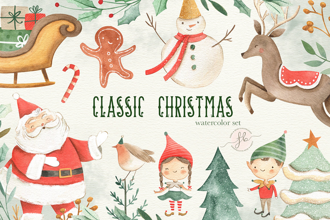 Christmas Clipart Winter Holidays Watercolor Clipart Santa Claus ...