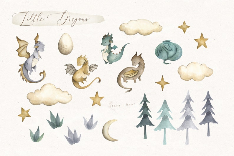 Dragons Watercolor Clipart Set Baby Nursery Illustration | Etsy