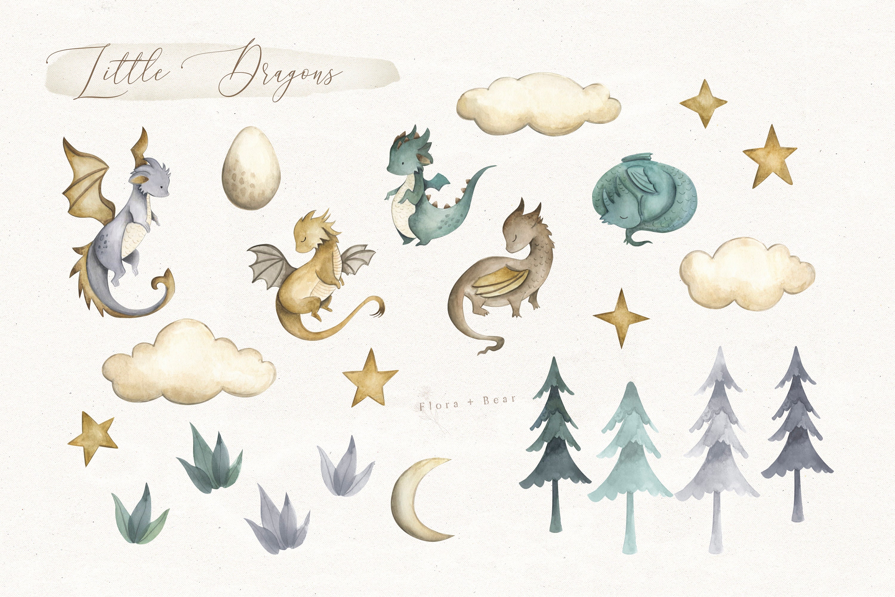 Dragons Watercolor Clipart Set Baby Nursery Illustration | Etsy