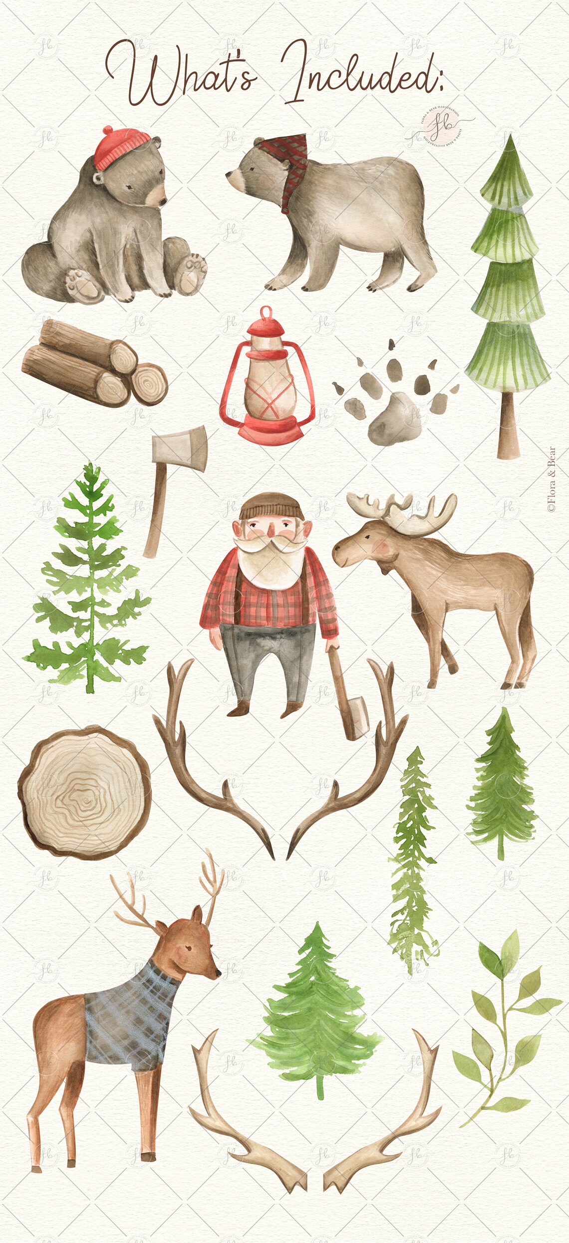 Lumberjack Watercolor Clipart Woodland Animals Digital - Etsy