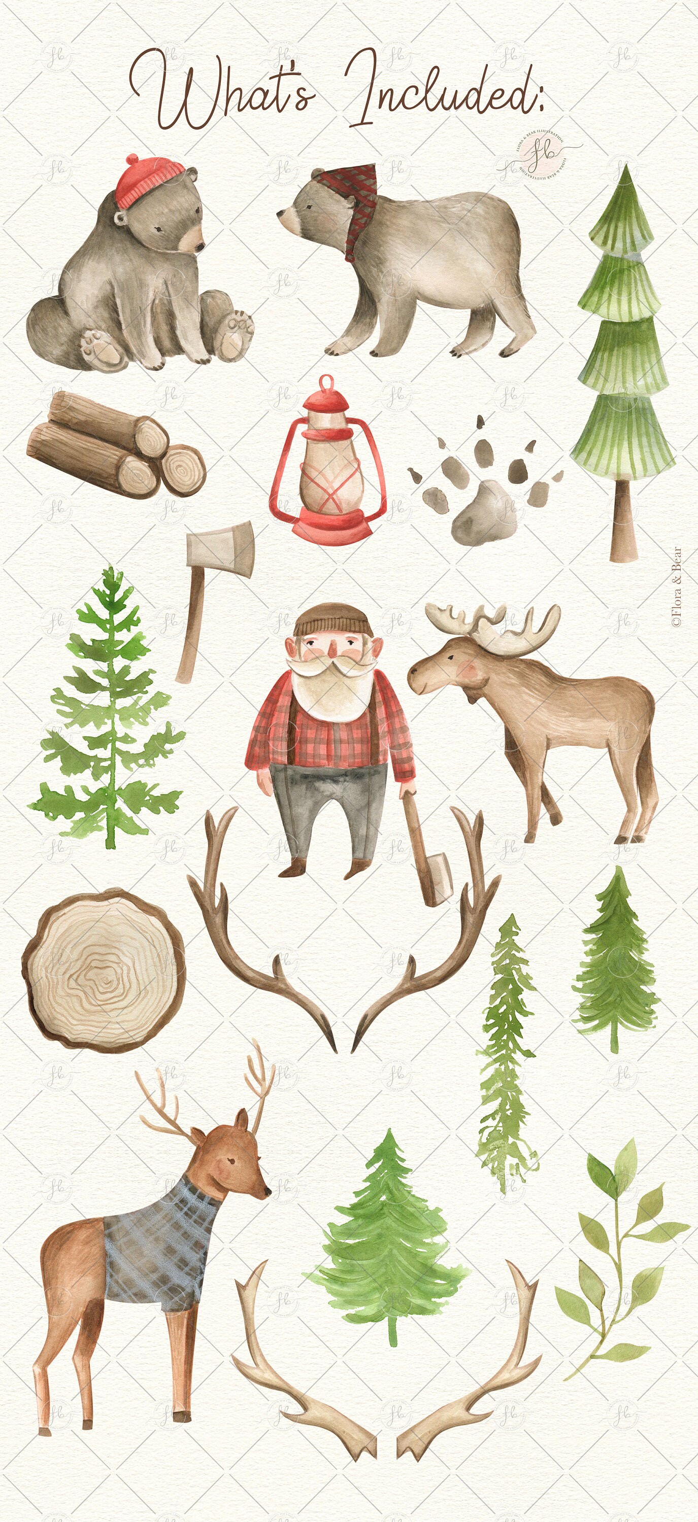 Lumberjack Watercolor Clipart Woodland Animals Digital Download - Etsy