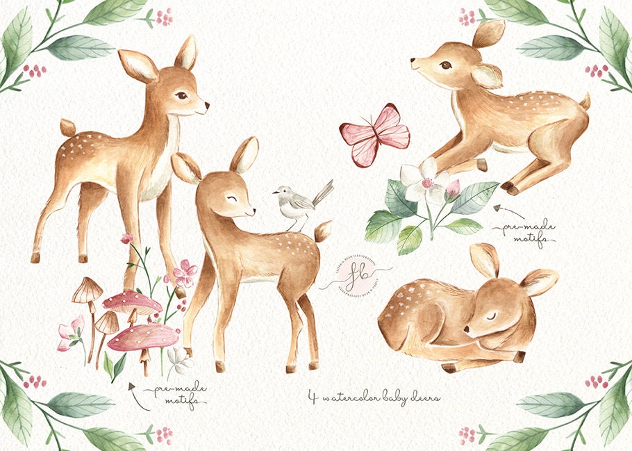 Baby Deer Watercolor Clipart Woodland Nursery Floral Crown - Etsy