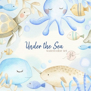 Sea Animals Watercolor Clipart Digital Download Whale Fish - Etsy