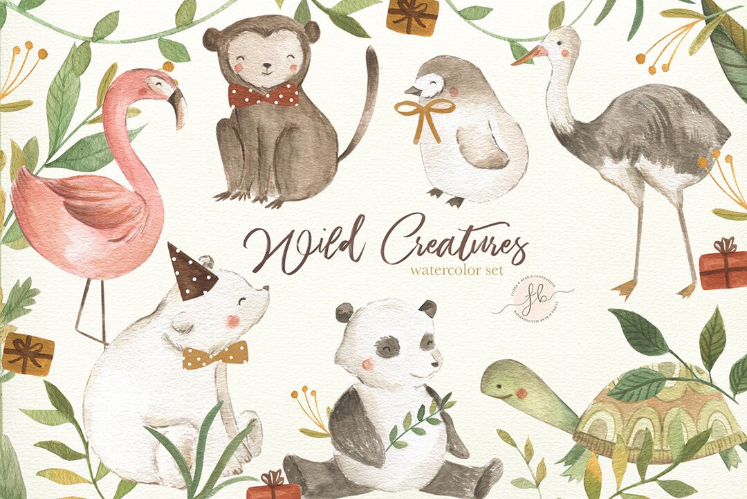 Wild Animals Watercolor Clipart Flamingo Panda Polar Bear Clip Art ...