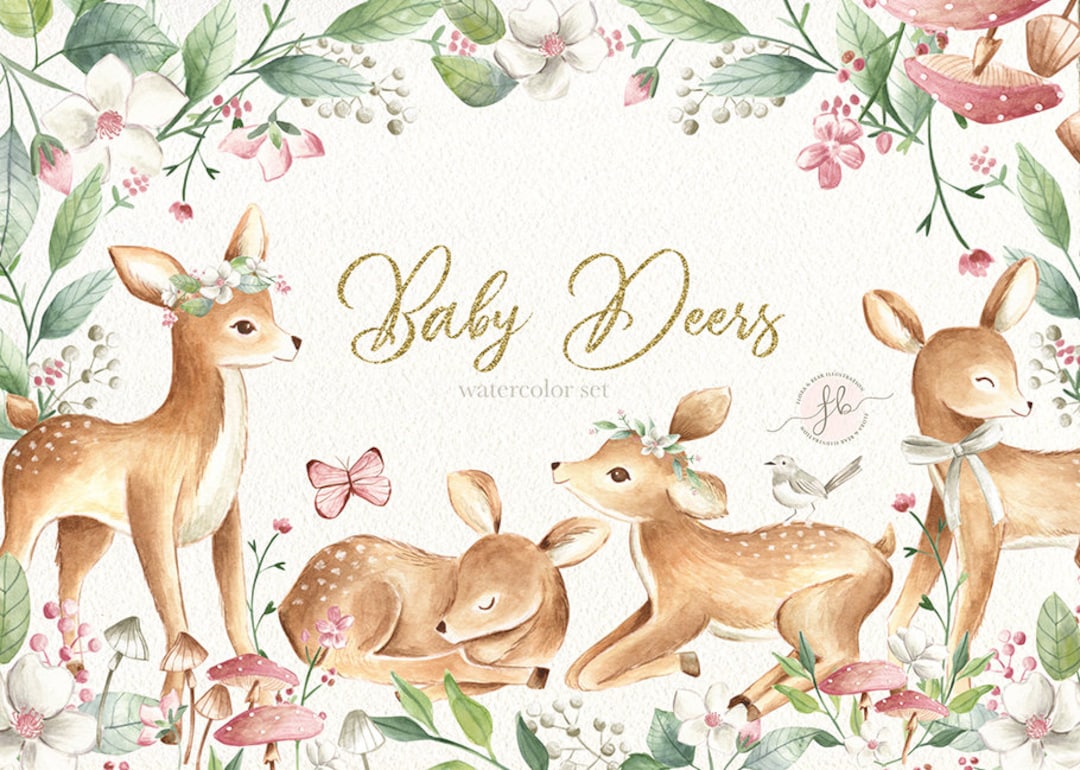Baby Deer Watercolor Clipart, Woodland Nursery, Floral Crown, Nursery ...