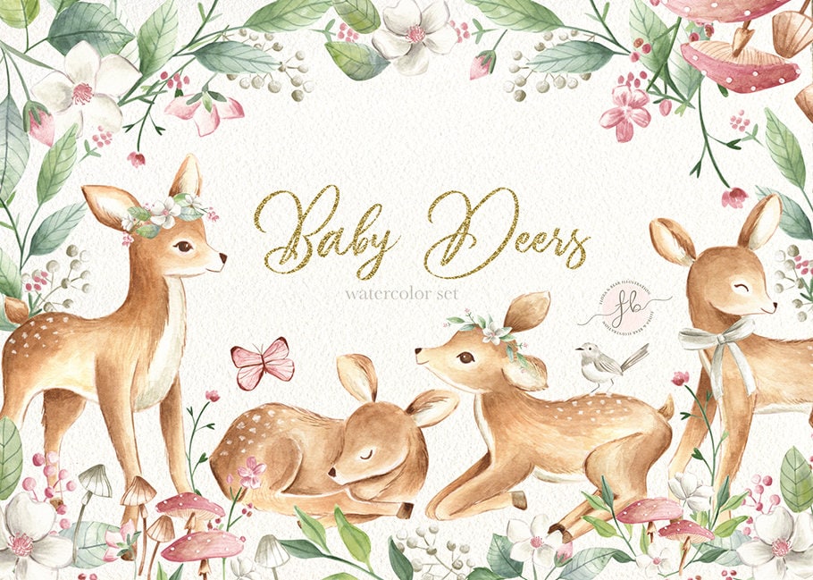 Baby Deer and rabbit Print Nursery Art Woodland Animal Watercolor ...