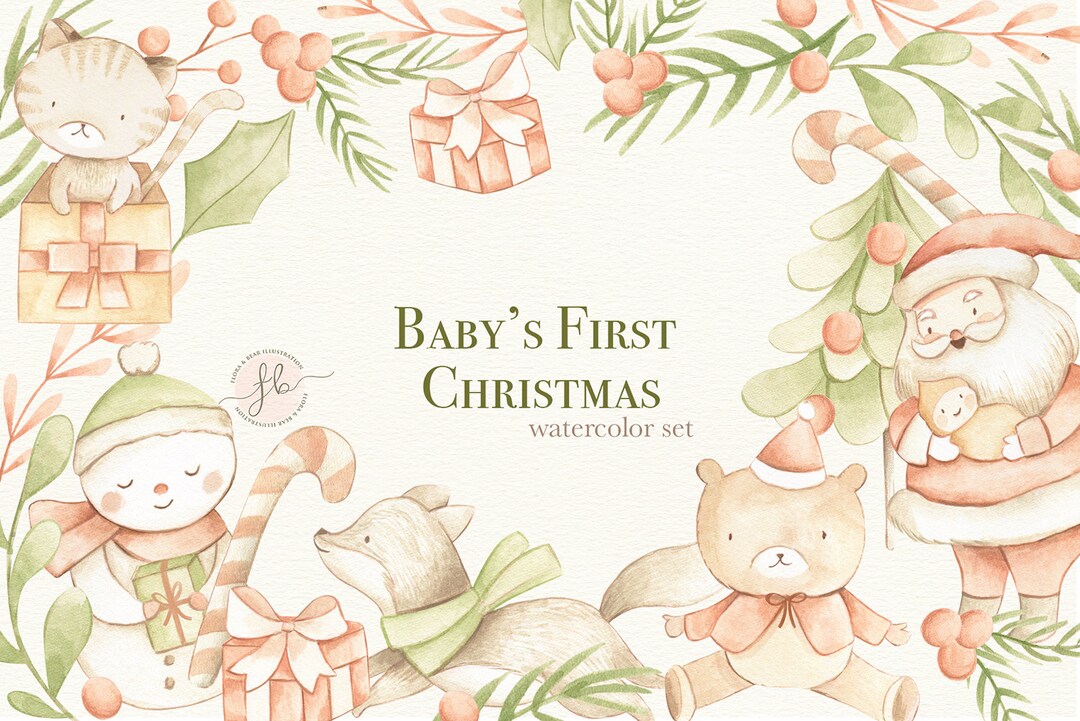 Watercolor Clipart Baby First Christmas Santa Claus Snowman Winter ...