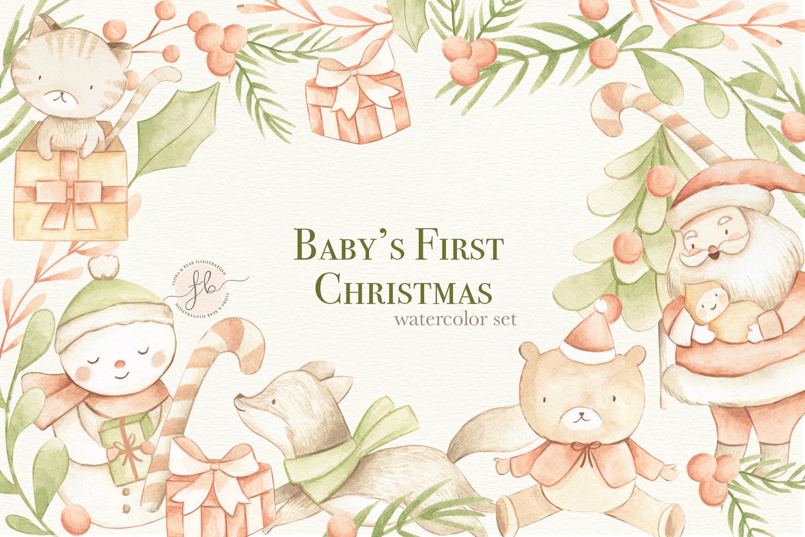 Watercolor Clipart Baby First Christmas Santa Claus Snowman - Etsy