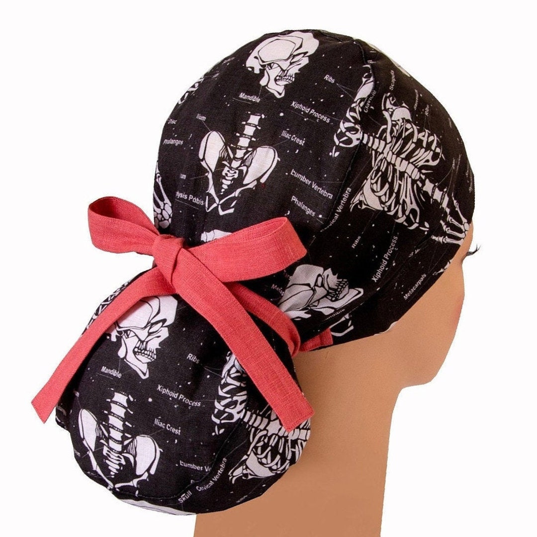 SKELETON Scrub Cap Ponytail 100% Linen, Anatomy Scrub Cap, Surgical Hat ...