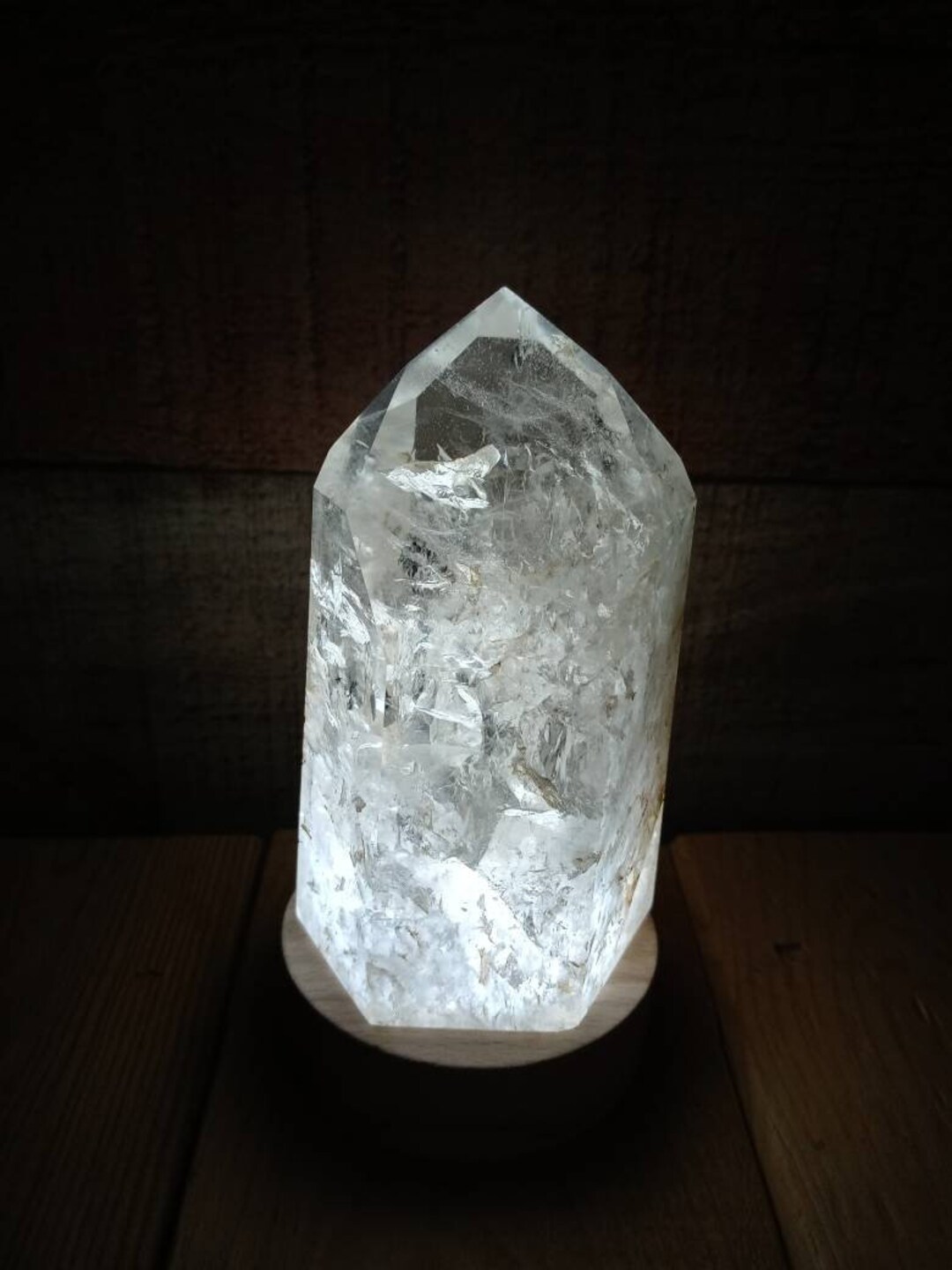 4.5 Clear Quartz Crystal Point Lamp. Polished Quartz Crystal With Wood ...