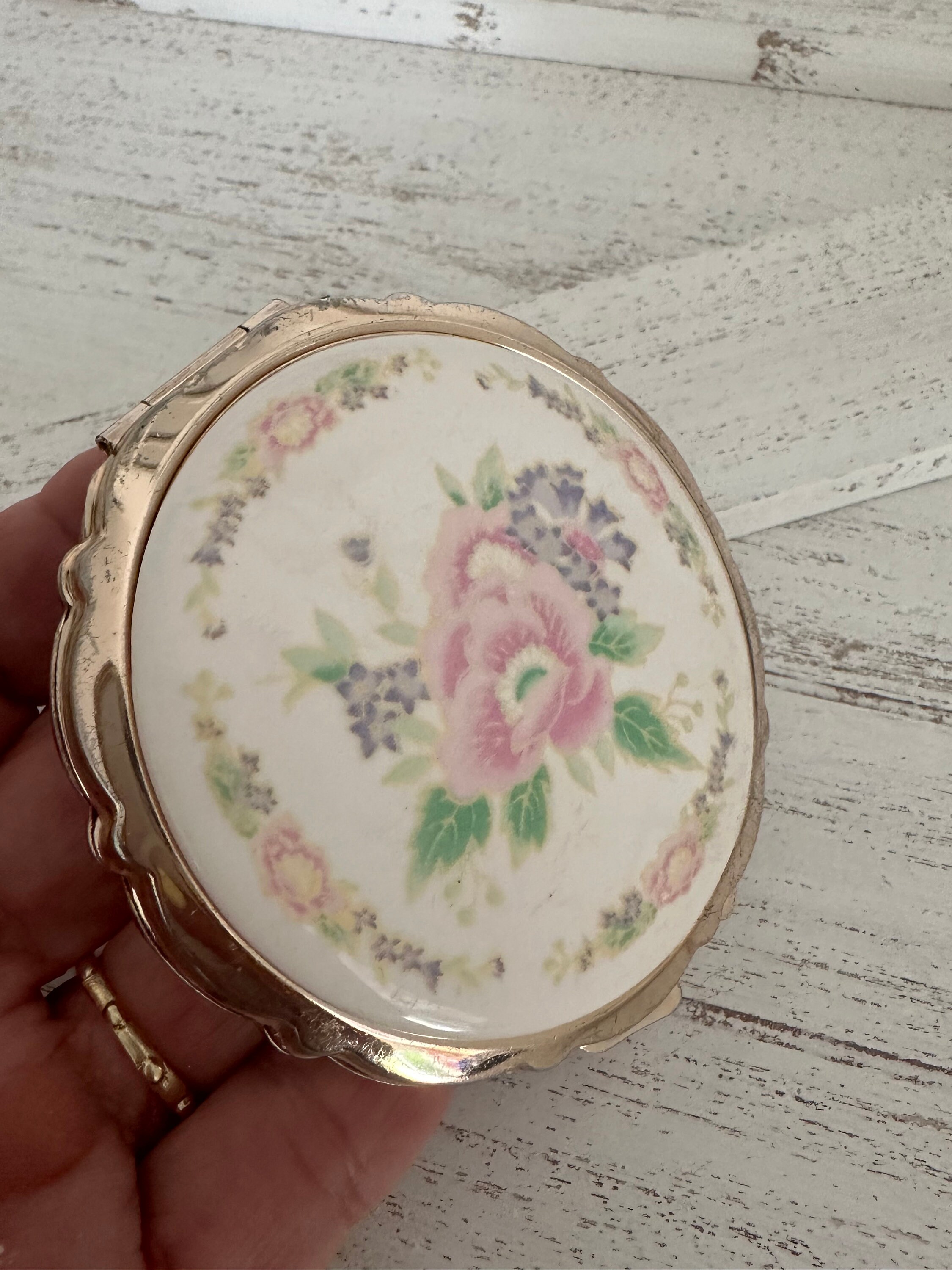1970s Compact Powder Mirror, Made in Japan Ceramic Enamel Top With ...