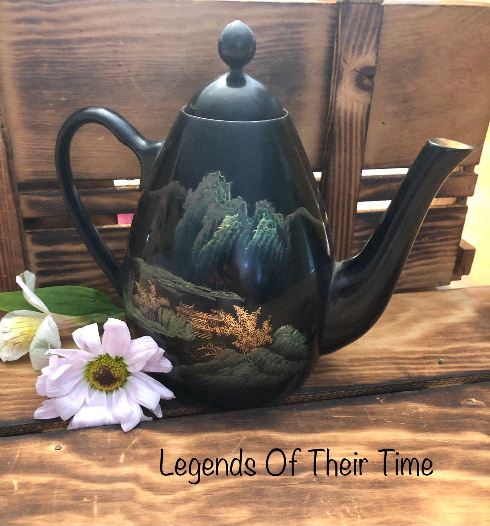 Vintage Chinese Hand Painted Black & Gold Lacquer Mid Century Teapot - Etsy