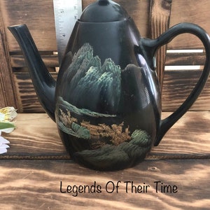 Vintage Chinese Hand Painted Black & Gold Lacquer Mid Century Teapot - Etsy