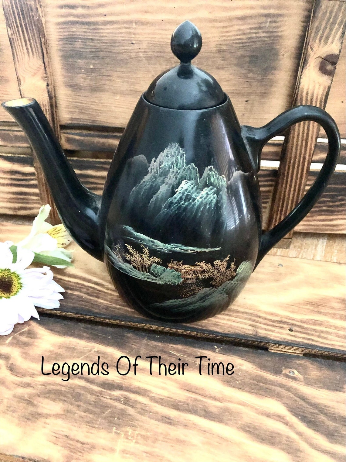 Vintage Chinese Hand Painted Black & Gold Lacquer Mid Century Teapot - Etsy