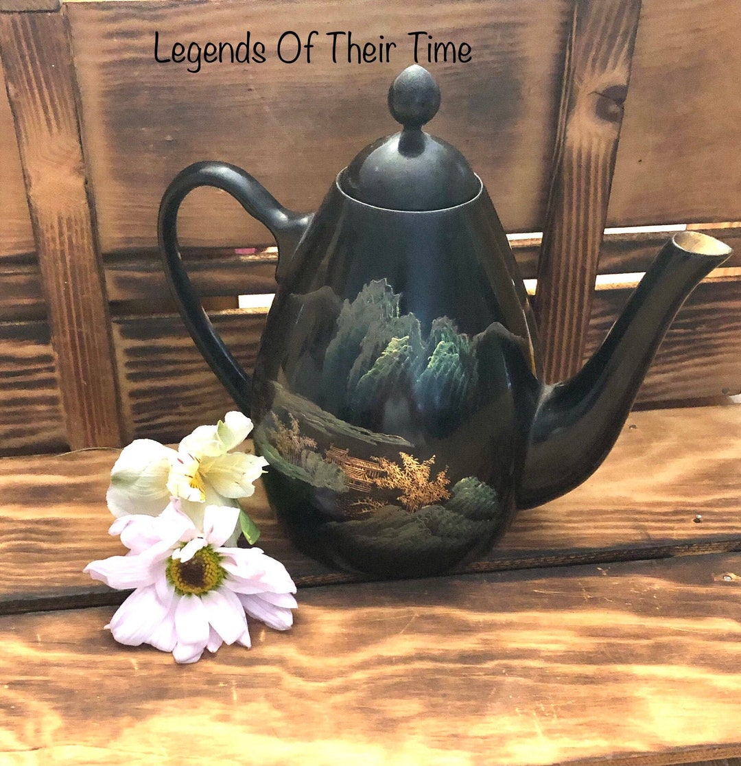 Vintage Chinese Hand Painted Black & Gold Lacquer Mid Century Teapot - Etsy