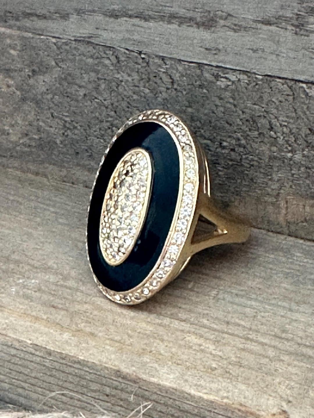 Vintage Panetta Cocktail Ring: Rhinestone & Faux Onyx, Gold Plated ...