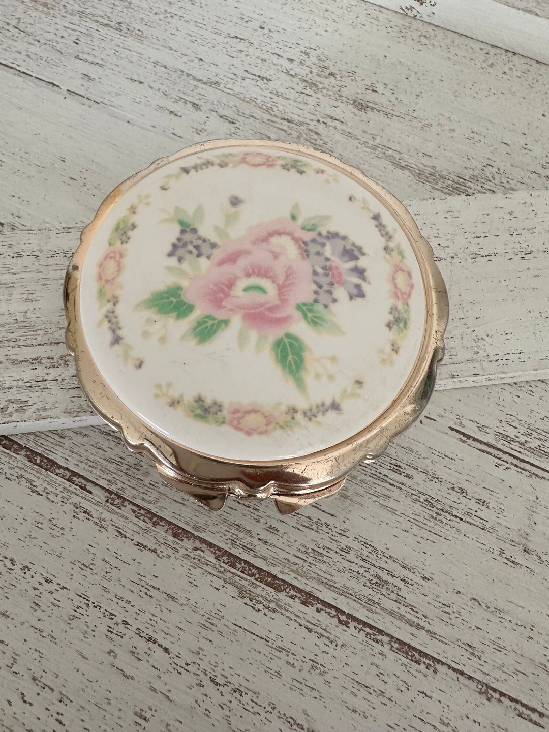1970s Compact Powder Mirror, Made in Japan Ceramic Enamel Top With ...