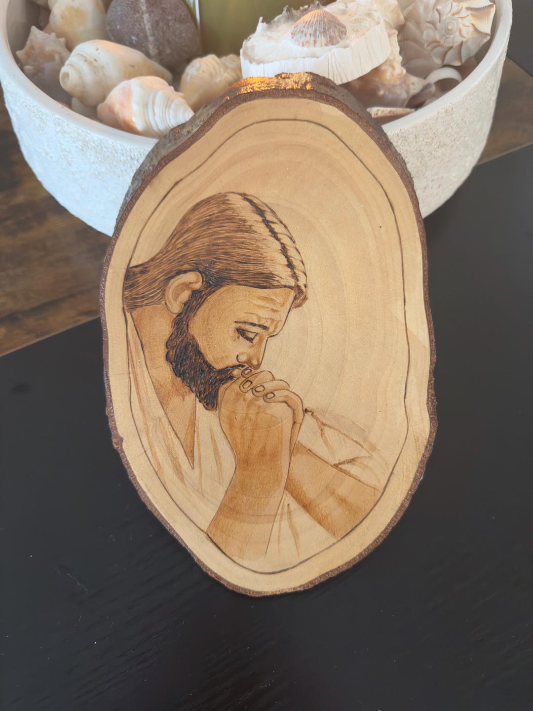 Vintage Pyrography of Jesus Praying, Wood Log Burning of Jesus Christ ...