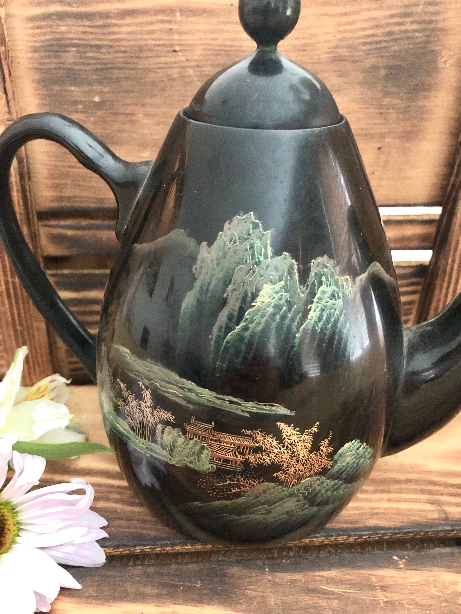 Vintage Chinese Hand Painted Black & Gold Lacquer Mid Century Teapot - Etsy