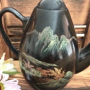 Vintage Chinese Hand Painted Black & Gold Lacquer Mid Century Teapot - Etsy