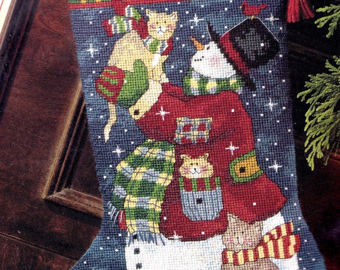 Dimensions Snowman and Kitties Cats Snow Christmas Needlepoint Stocking ...