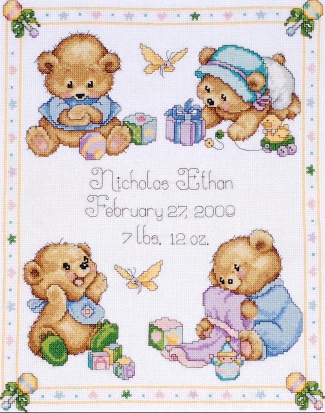 DIY Tobin Baby Bear Teddy Child Birth Record Gift Counted Cross Stitch ...