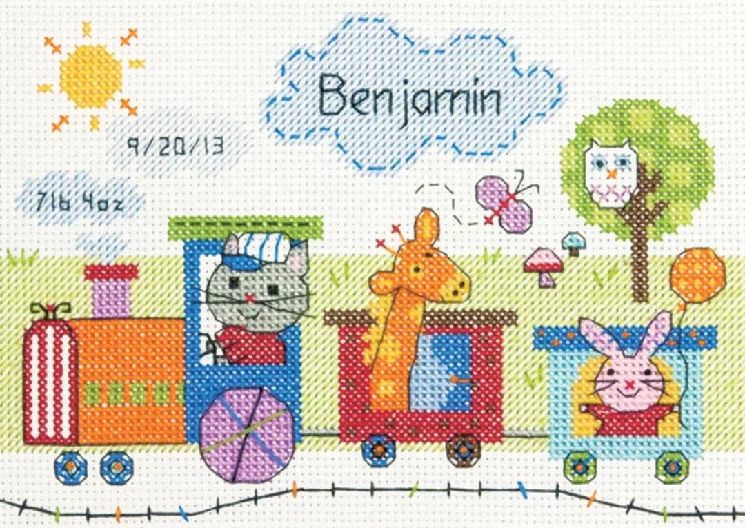 DIY Dimensions Train Birth Record Baby Animals Counted Cross Stitch Kit ...